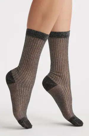HIGH HEEL JUNGLE Metallic Ribbed Crew Socks - Black