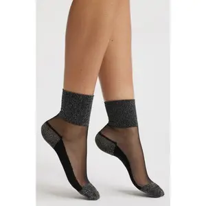 HIGH HEEL JUNGLE Metallic Sheer Panel Quarter Socks - Silver