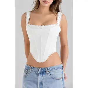House Of Cb Adina Lace Trim Cotton Corset Top - Cloud Dancer