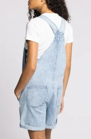 THREAD & SUPPLY Connor Short Denim Overalls - Washed Indigo Stripe