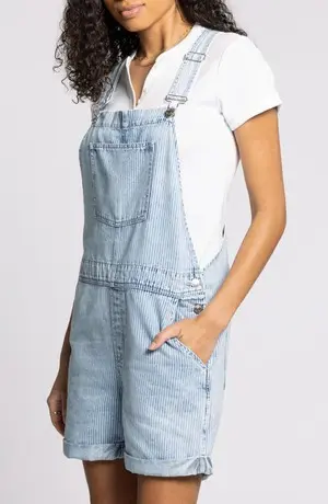THREAD & SUPPLY Connor Short Denim Overalls - Washed Indigo Stripe