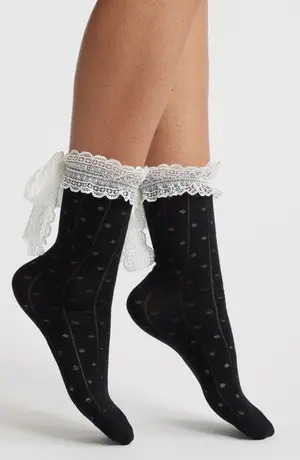 HIGH HEEL JUNGLE Lace Trim Cotton Blend Crew Socks - Black