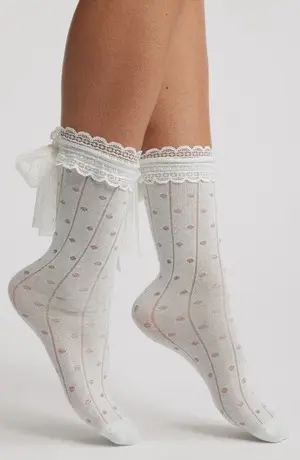 HIGH HEEL JUNGLE Lace Trim Cotton Blend Crew Socks - Ice