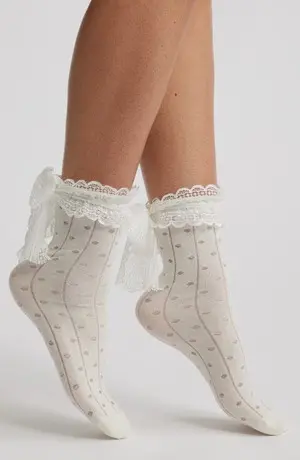 HIGH HEEL JUNGLE Lace Trim Cotton Blend Crew Socks - Ivory