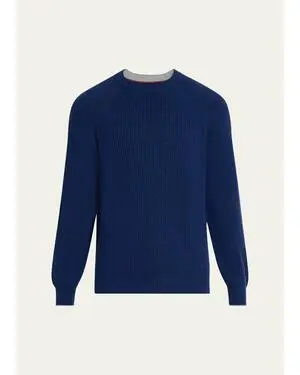 Brunello Cucinelli Cashmere English Rib Crewneck Sweater - Blue