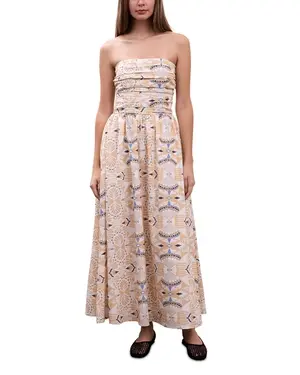 Moon River Printed Ruched Poplin Maxi Dress