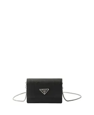 Prada Saffiano Leather Card Holder With Shoulder Strap - Black/silver