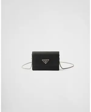 Prada Saffiano Leather Card Holder With Shoulder Strap - Black/silver