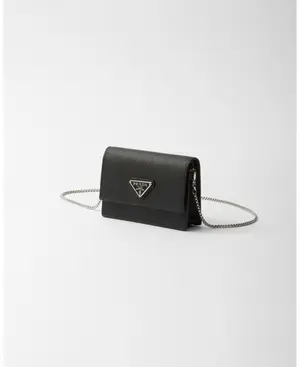 Prada Saffiano Leather Card Holder With Shoulder Strap - Black/silver