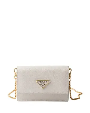 Prada Saffiano Leather Card Holder With Shoulder Strap - Chalk White