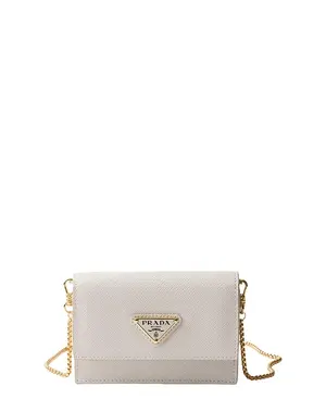 Prada Saffiano Leather Card Holder With Shoulder Strap Neutral