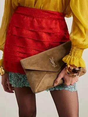 Saint Laurent Cassandre Suede Clutch - Brown