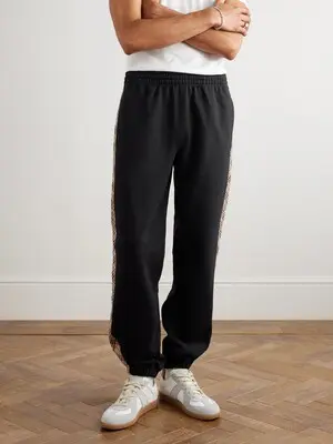 Burberry Tapered Logo-embroidered Checked Cotton-jersey Sweatpants - Black