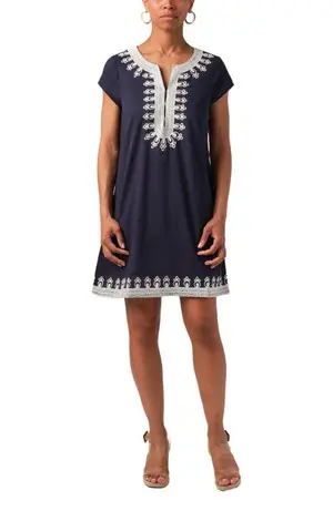 Calypso St. Barth Cotton Tunic Dress With Embroidery - Navy/white