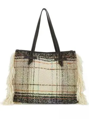 GIANNI CHIARINI Plaid Fringe Tote Bag - Neutrals
