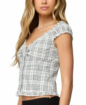 EDIKTED Plaid Button-up Top - Black-and-white