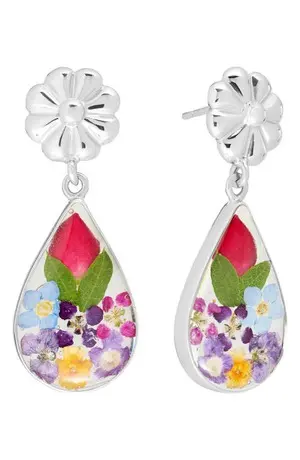 ATHRA LUXE Dried Flower Resin Teardrop Earrings - Silver