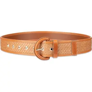 Cole Haan Raffia Belt With Leather Trim - Tan/natural