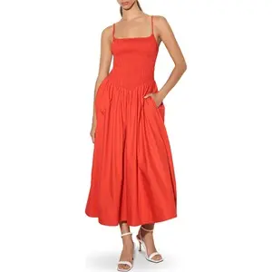 FREEMARKET Smocked Cotton Midi Tank Dress - Red