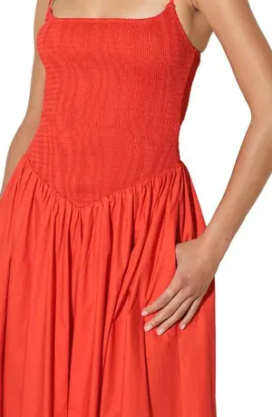 FREEMARKET Smocked Cotton Midi Tank Dress - Red