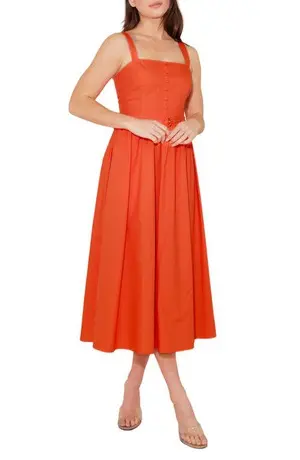 FREEMARKET Belted Cotton Midi Dress - Tomato