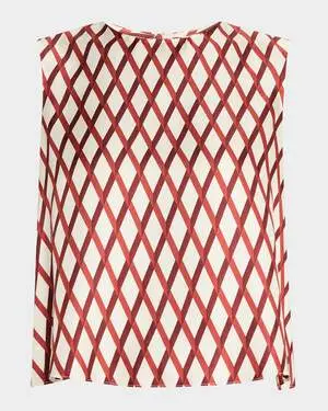 ADAM LIPPES Adam Lippes Mercer Diamond Grid Print Silk Twill Top