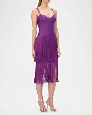 Herve Leger The Georgia Tiered Fringe Midi Dress - Cosmo