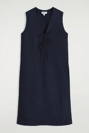 Cos Linen-blend Tie-front Midi Dress - Navy
