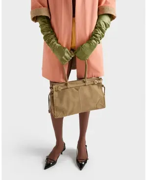 Prada Large Convertible Suede Shoulder Handbag - Neutral