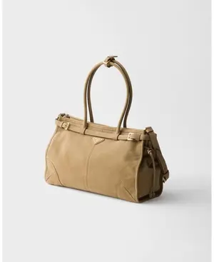 Prada Large Convertible Suede Shoulder Handbag - Neutral