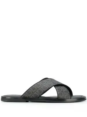 FERRAGAMO Gancini Leather Pool Slides - Grey