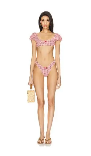 Lpa Chantel Gingham Puff Sleeve Bikini Top & Bottom Set