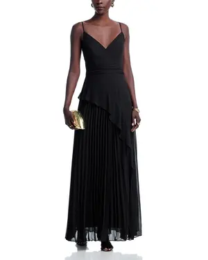 Aqua Long Chiffon Pleated Dress