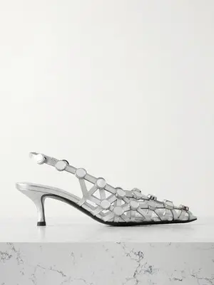 Attico Grid Studded Metallic Leather Slingback Pumps - Silver