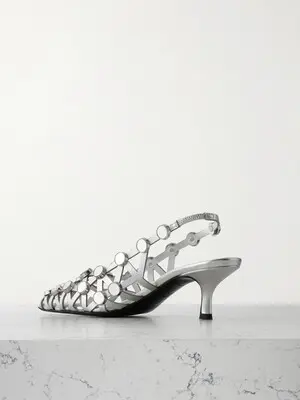 Attico Grid Studded Metallic Leather Slingback Pumps - Silver
