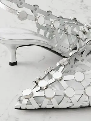 Attico Grid Studded Metallic Leather Slingback Pumps - Silver