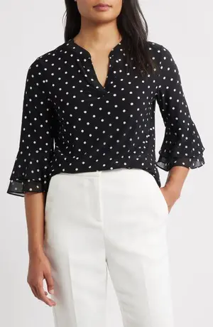 KASPER Polka Dot Flutter Sleeve Top