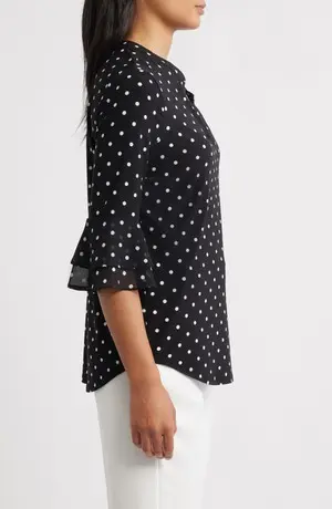 KASPER Polka Dot Flutter Sleeve Top