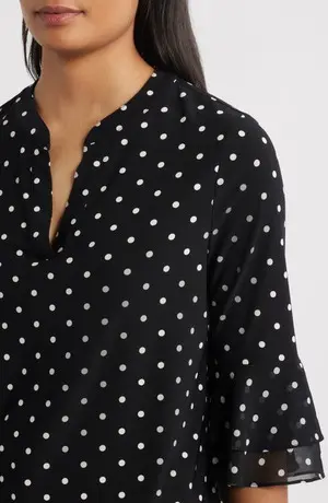 KASPER Polka Dot Flutter Sleeve Top