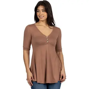 24SEVEN COMFORT APPAREL Short Sleeve Henley Top With Button Detail - Mocha
