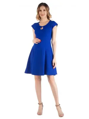 24SEVEN COMFORT APPAREL Maternity Keyhole Neckline Dress - Blue