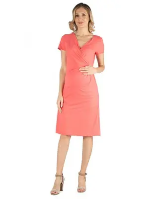 24SEVEN COMFORT APPAREL Maternity Faux Wrapover Dress - Coral