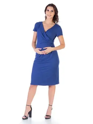24SEVEN COMFORT APPAREL Maternity Faux Wrapover Dress - Navy