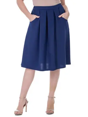 24SEVEN COMFORT APPAREL Elastic Waist Pleated Knee Length Skirt - Navy