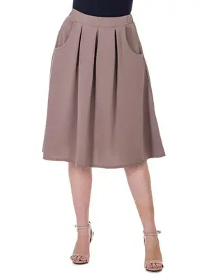 24SEVEN COMFORT APPAREL Elastic Waist Pleated Knee Length Skirt - Taupe