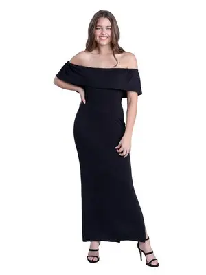 24SEVEN COMFORT APPAREL Off Shoulder Ruffle Detail Maxi Dress - Black
