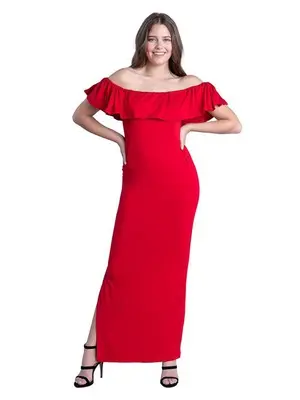 24SEVEN COMFORT APPAREL Off Shoulder Ruffle Detail Maxi Dress - Red