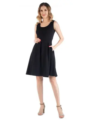 24SEVEN COMFORT APPAREL Maternity Sleeveless Pleated Dress With Pockets - Black