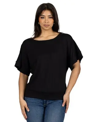 24SEVEN COMFORT APPAREL Loose Fit Dolman Top With Wide Sleeves - Black