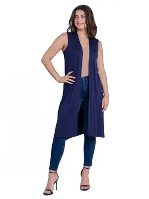 24SEVEN COMFORT APPAREL Sleeveless Long Cardigan Vest With Slit - Navy